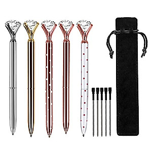 5 PCS Big Crystal Diamond Ballpoint Pen,HBlife Metal Ballpoint Pen Office Supplies，Gold Pens with 5 Ballpoint Pen Refills, 1 Black Velvet Bag, Black Ink