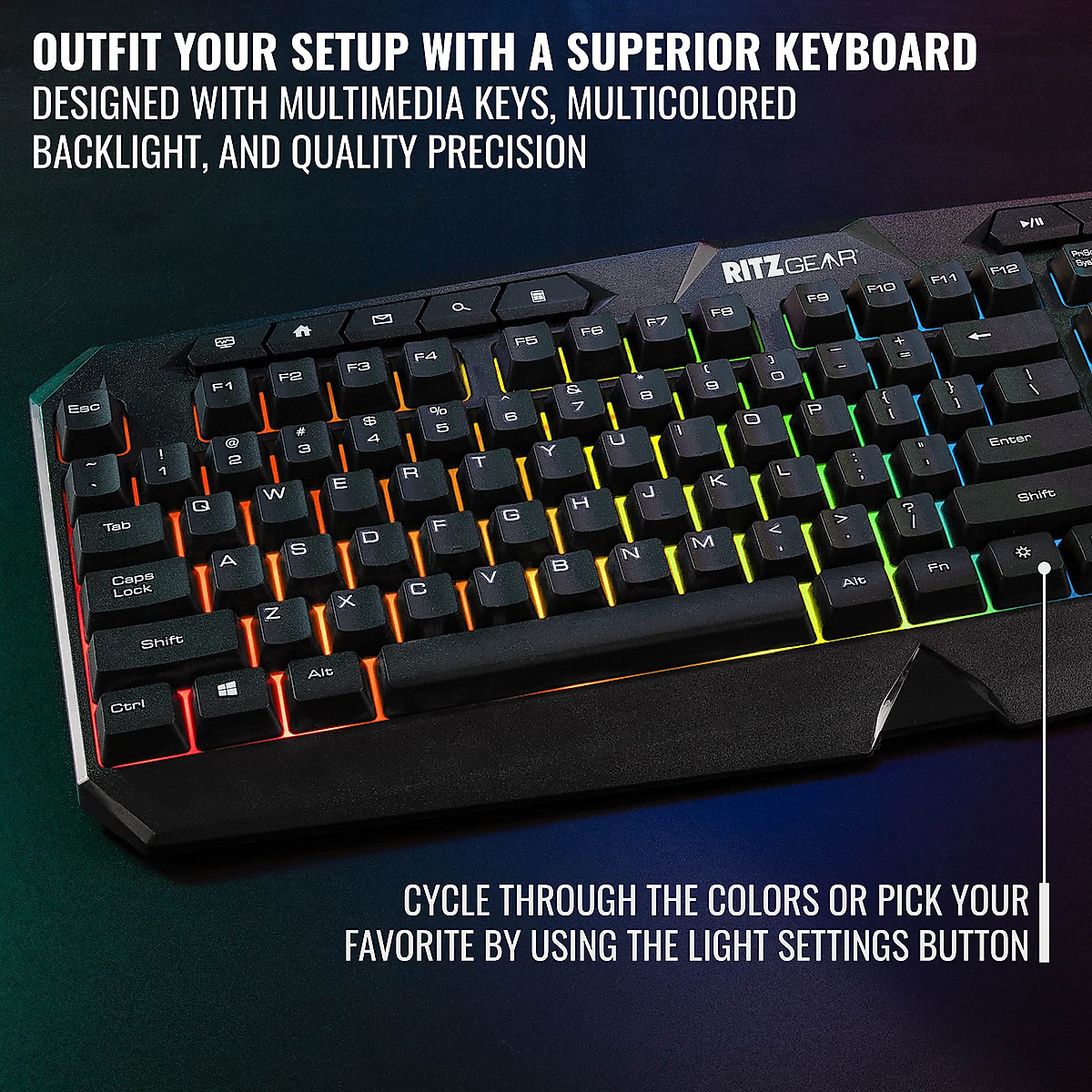 Ritz Gear RGB Gaming Accessories Kit I 4-in-1 LED Combo with Multimedia Keyboard, Optical Mouse, Mouse Pad & Headset with Adapter for Windows 7+ Desktop, Laptop, Xbox & PS4 & CR3-X Bluetooth Monitors