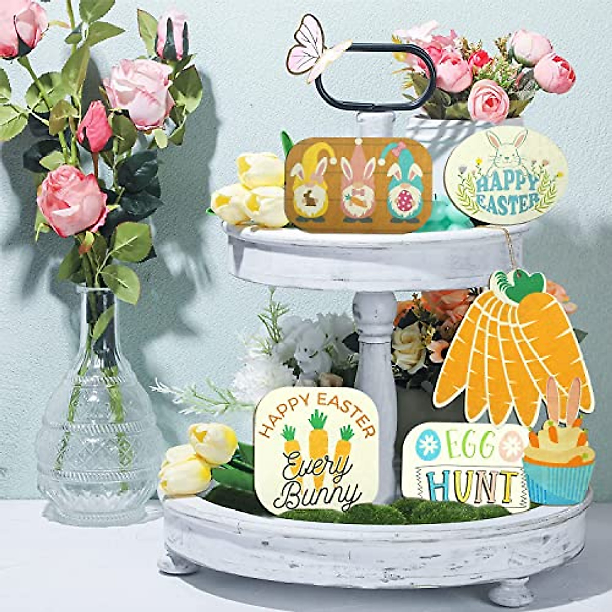Hying 10 PCS Easter Bunny Gnomes Tiered Tray Decoration, Easter Eggs Mini Wooden Signs Words Letters Garland Carrot Rabbits Tabletop Signs for Home Farmhouse Rustic Kitchen Decor