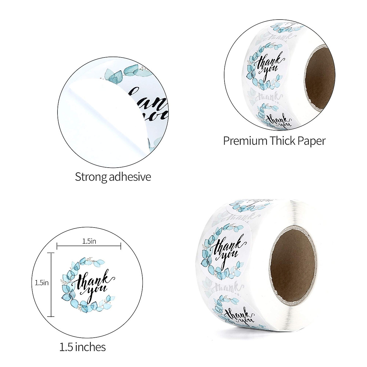 Thank You Stickers Roll - 1.5 inch Blue Thank You Stickers Exquisite Greenery Turquoise Pattern roll, 500 Stickers per Roll, Thank You Stickers for Business Gift Bags Envelopes Journal Stickers