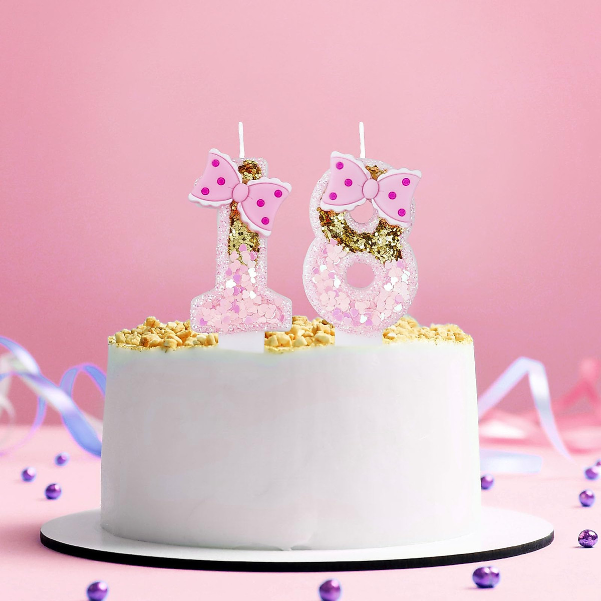 Girls Pink 1 Number Birthday Candles, Gold Glitter Pink Number Candles with Bow, Cake Number 1 Birthday Candles for Cake, Candles for Cake, Happy 1st Birthday Party Decoration Celebration for Girls