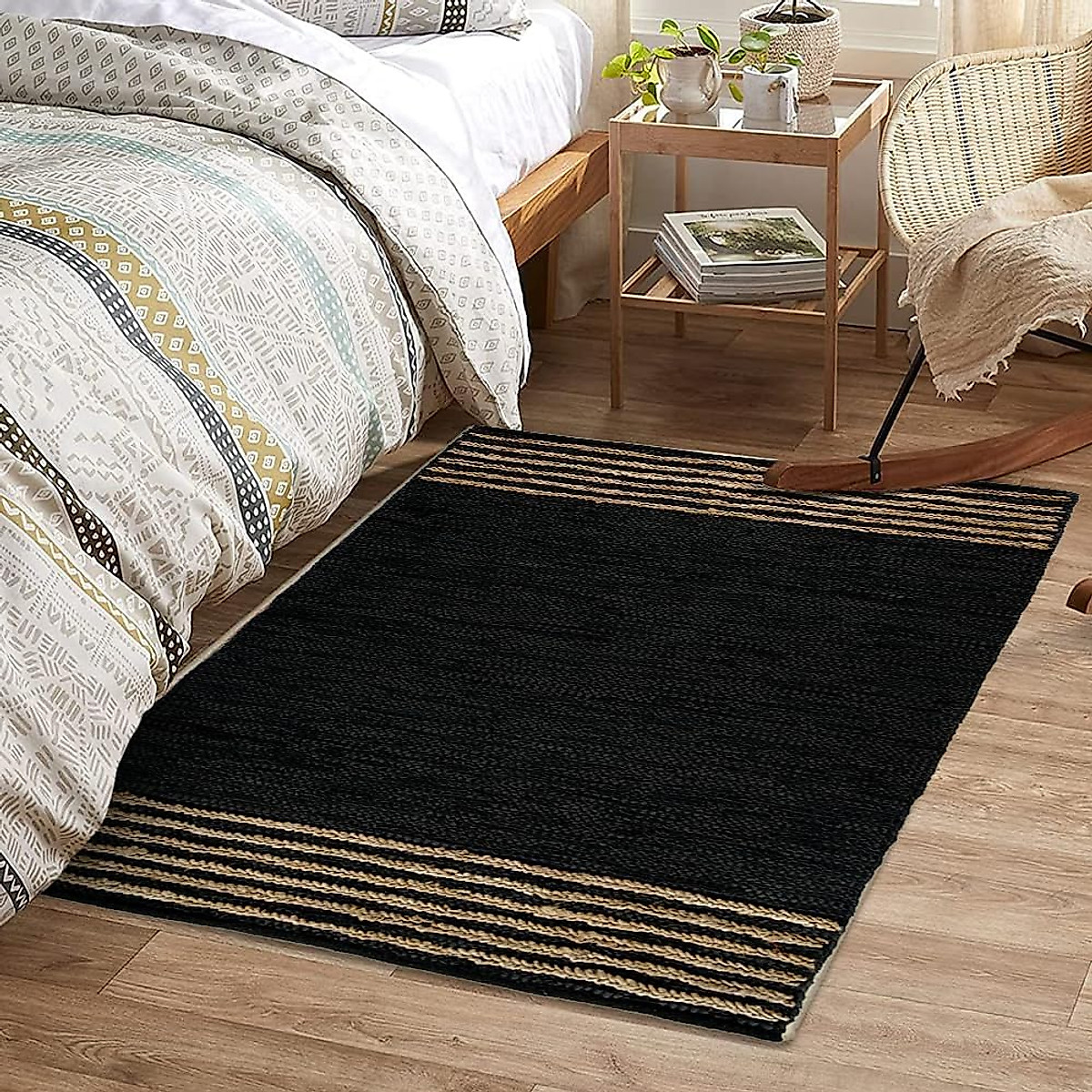 GRUHUM Jute Area Rug 4x6 ft Black Natural Leather Handmade Boho Farmhouse Rustic Vintage Eco Friendly Soft Braided Rug for Indoor Kitchen Bedroom Living Room Hallways Enterways 4'x6' ft Rectangle