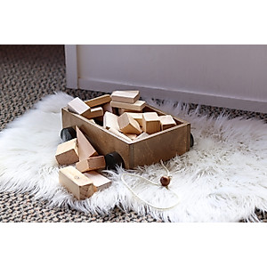 AmishToyBox.com Wooden Toddler Pull Wagon Toy with 24 Wood Building Blocks (Harvest Stain)