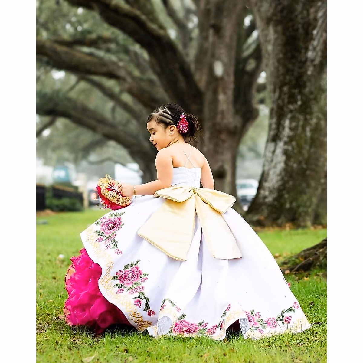 Hot Pink Floral Flower Patterns Ball Gowns for Toddler Infant Cupcake Flower Girl Dresses for Wedding with Straps Gold Embroidery White Satin Ruched 6