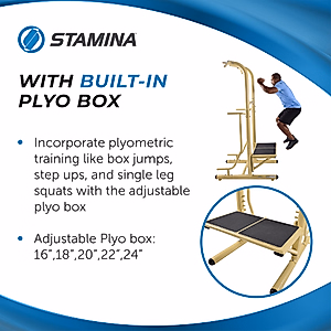 Stamina Outdoor Fitness Power Tower Pro with Plyo Box - Dip Bar Pull Up Bar Station with Smart Workout App - Dip Bars for Home Workout - Up to 300 lbs Weight Capacity
