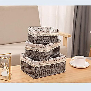 Storage Baskets for Shelves, Rectangular Organizing Woven Baskets Set with Removable Liners | Natural Seagrass, Decorative Home Storage Bin (Set of 3, Grey)