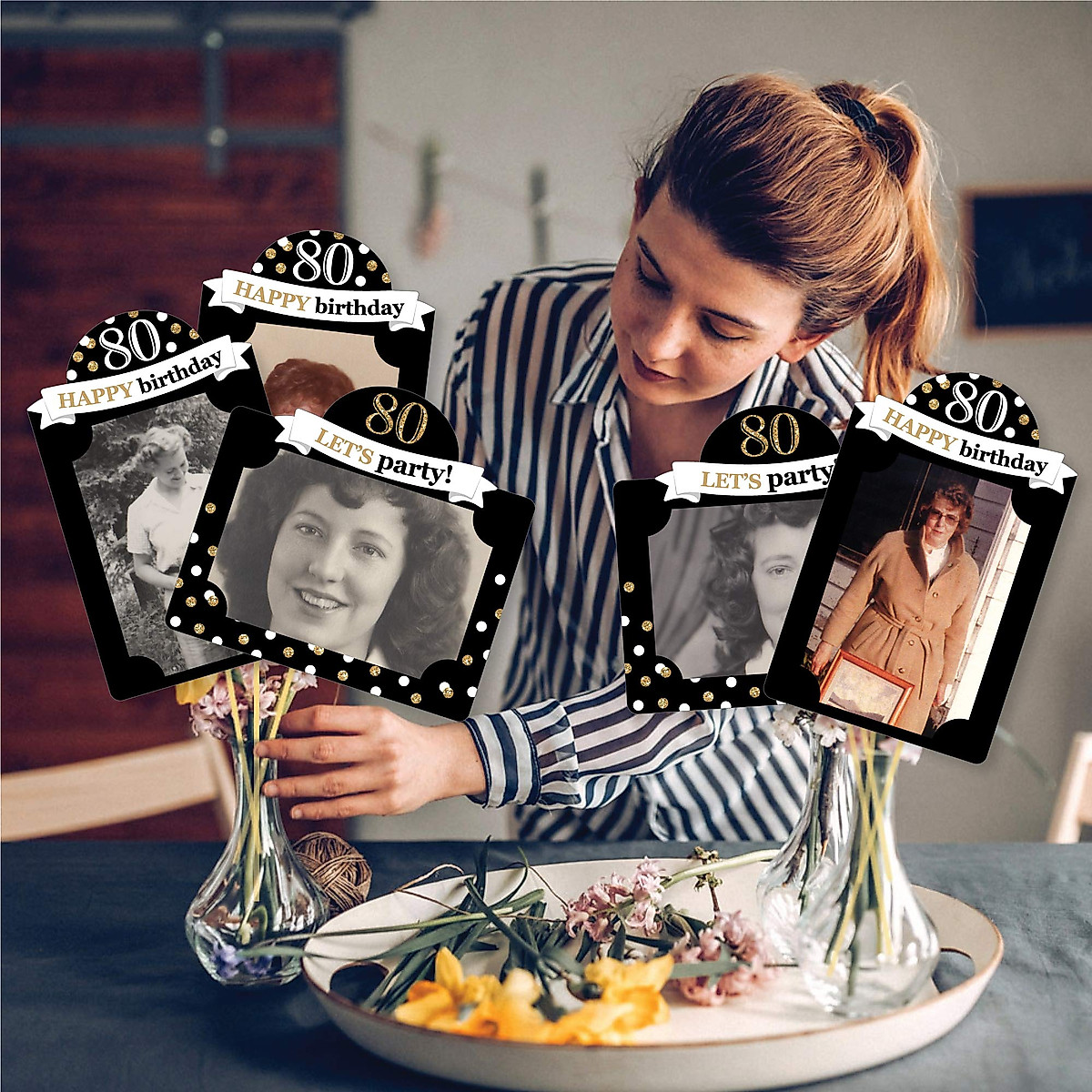 Big Dot of Happiness Adult 80th Birthday - Gold - Birthday Party Picture Centerpiece Sticks - 80th Birthday Party Decorations - Birthday Party Decor -80th Birthday Photo Table Toppers - 15 Pieces