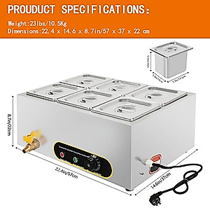 Commercial Food Warmer 110V 6-Pan 1500W Electric Steam Table Stainless Steel Bain Marie Buffet 15.4 Qt Capacity with Temperature Control & Tap for Parties, Banquet and Catering Events