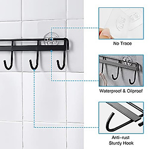 2 Pack Kitchen Adhesive Wall Hooks Rack Rail,Spoon Hanger for Kitchen Hanging Spatulas Measuring Spoons Space Saving No Drilling Hanger with 6 Hooks for Bathroom Bedroom Closet(Black）