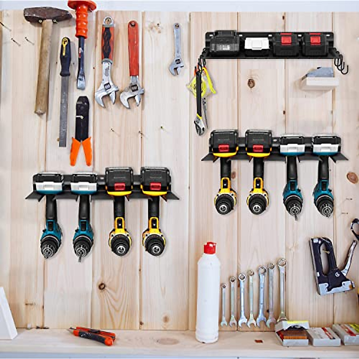 P-Aladin Power Tool Organizer, Drill Holder with 6 Hooks, Charging Station with Bit Storage Rack Shelf Wall Mount, Holds 4 Drills, Batteries, Tools for Garage, Home, Workshop, Shed