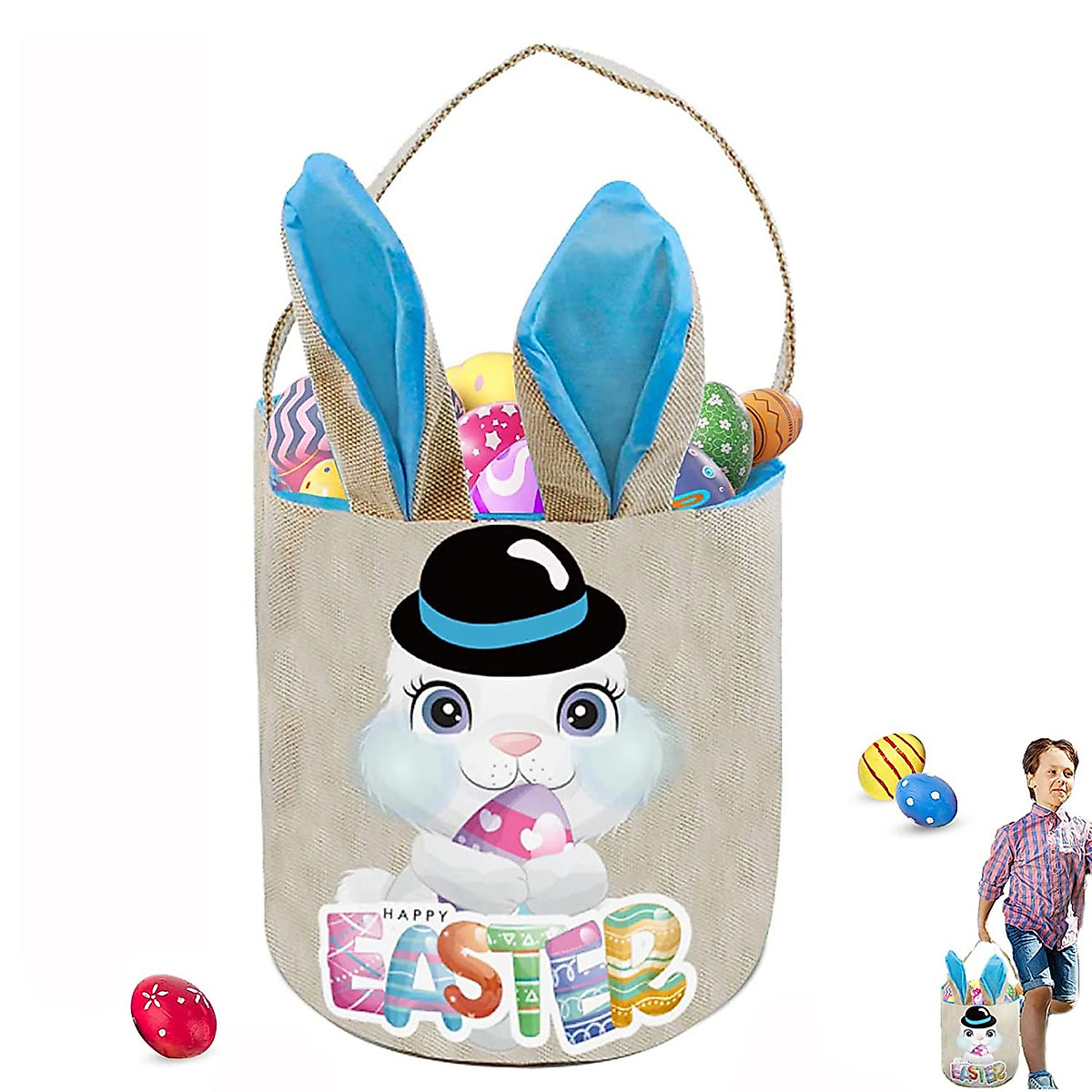 PADELO Easter Basket for Kids, Cute Easter Bucket Stuffers Bags with Bunny Ears for Easter Eggs Hunting, Easter Party Decorations, Candy Gifts Storage, Blue Easter Baskets