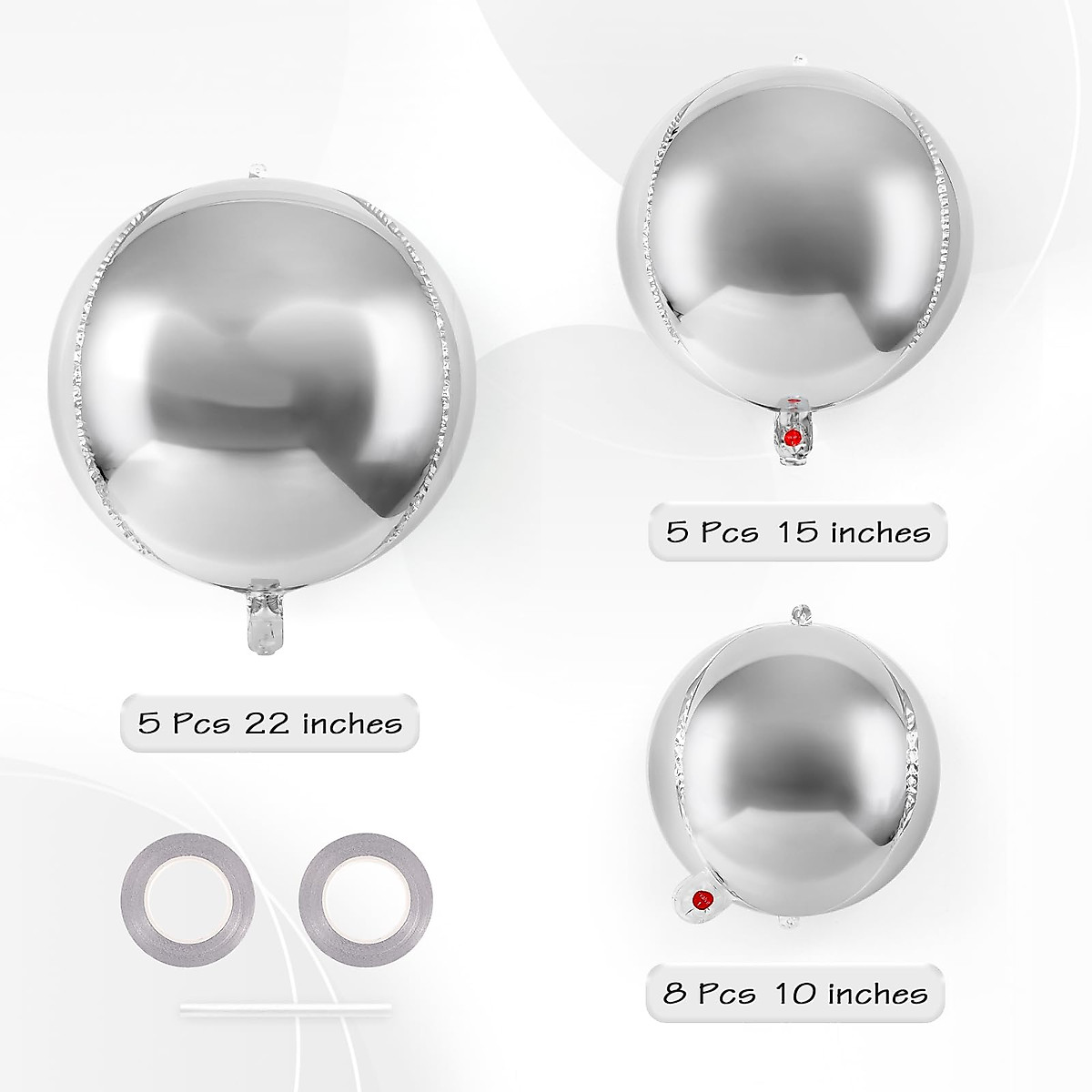18 Pcs Silver Foil Balloons, Round 360 Degree Balloons, Unique Finish Balloons for Birthday Graduation Wedding Bachelorette Party Decorations, 5 Pcs 22 Inches, 5 Pcs 15 Inches, 8 Pcs 10 Inches