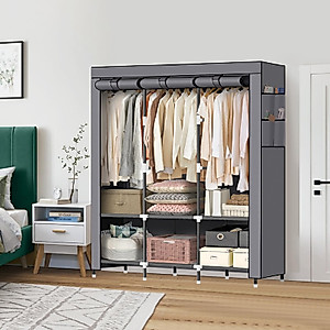 LOKEME Portable Closet, Wardrobe Closet with 3 Hanging Rods and 6 Storage Shelves, Gray Closet, Easy to Assemble Portable Closets for Hanging Clothes with 4 Side Pockets, PWC0006-GRAY