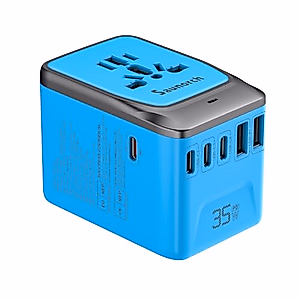 SAUNORCH Universal Travel Adapter, PD 35W 7 in 1 International Power Plug Adapter with 7.0A 4 USB-C and 2 USB-A Fast Wall Charger, Worldwide AC Outlet for US Europe UK AUS Asia - Blue