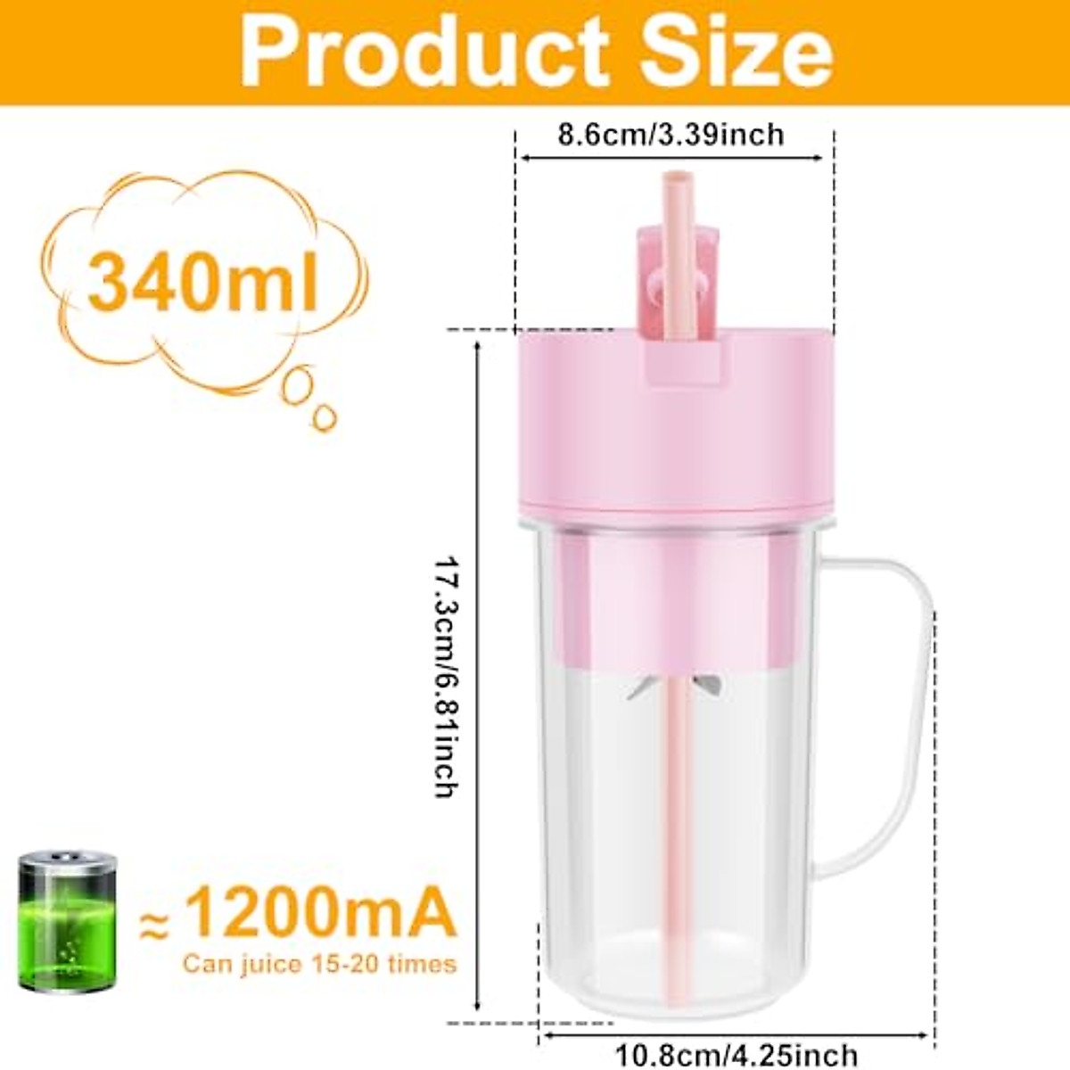 Portable Blender, 340ml Personal Electric Smoothie Blender with 10 Blades 1500mAh USB Rechargeable Mini Blender Cup with Handle Straw Cordless Personal Blender for Kitchen/Travel/Gym (Pink)