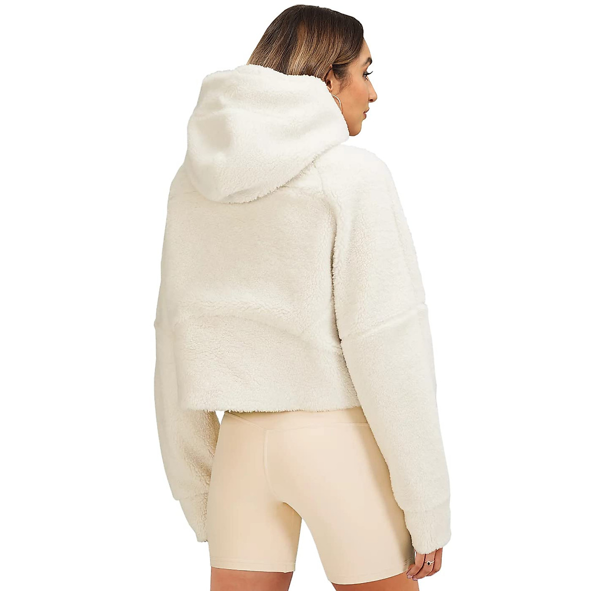 Womens Fleece Hoodies Half Zipper Sherpa Hooded Pullover Crop Long Sleeve Zip Up Jacket Coats Beige