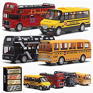 OTONOPI Bus Toys Die Cast Metal Toy Cars Pull Back School Bus Double Decker London Vehicles Friction Powered City Sightseeing Tour Bus Play Vehicle Toy Set for Kids 4 Pack