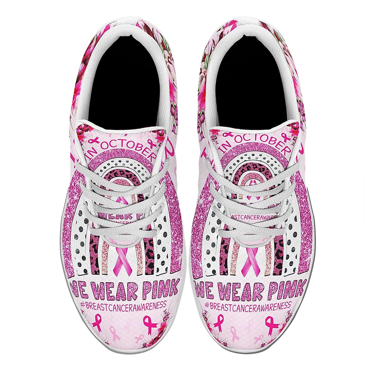in October We Wear Pink Breast Cancer Awareness Shoes Women Fashion Running Sneakers Breathable Casual Sport Tennis Shoes White Size 8.5