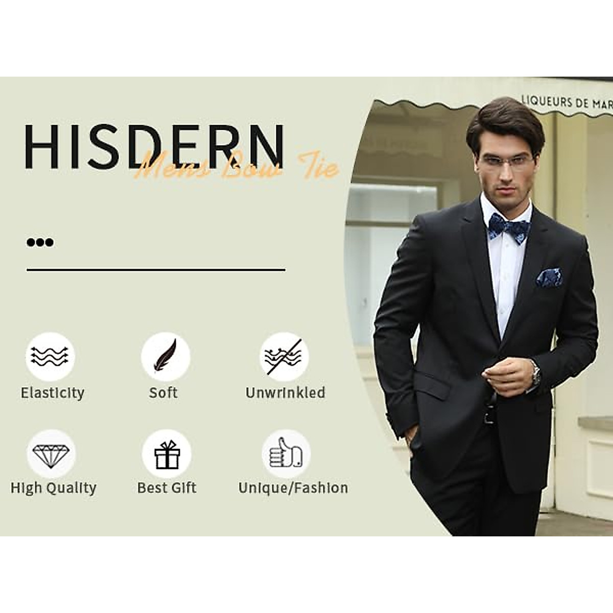 HISDERN Bow Ties for Men Navy Blue Floral Self Tie Bow Tie and Pocket Square Classic Bowties Formal Business Tuxedo Wedding Bowties Handkerchief Set