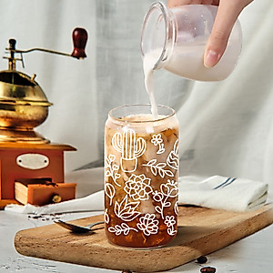 Plant Lover Iced Coffee Glasses with Bamboo Lids and Straw, Cute Cactus With Floral Drinking Beer Can Shaped Cup, Aesthetic Gardening Succulent Gifts for Plant Mom Women friend wife