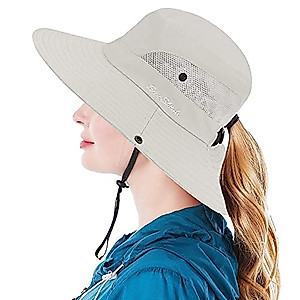 Womens Summer Sun-Hat Outdoor UV Protection Fishing Hat Wide Brim Foldable-Beach-Bucket-Hat with Ponytail-Hole Beige