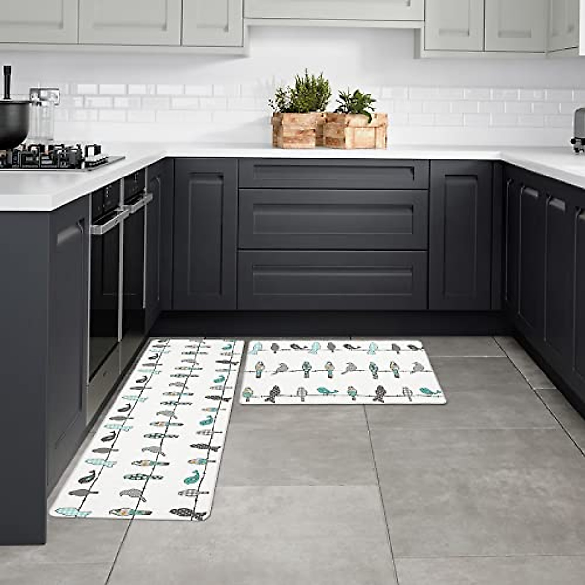 2 PCS Cushioned AntiFatigue Kitchen Mats and Rugs,Birds Florals Absorbent Floor Bath Door Mat Non-Slip Doormat Accent Runner Carpet Washable Comfort Standing Mat Retro Teal Plaid Boho Polka Dot