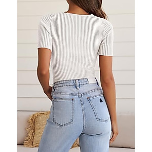 ZESICA Women's Short Sleeve T Shirts Summer V Neck Tops Casual Ribbed Knit Slim Fit Basic Tees,White,Small