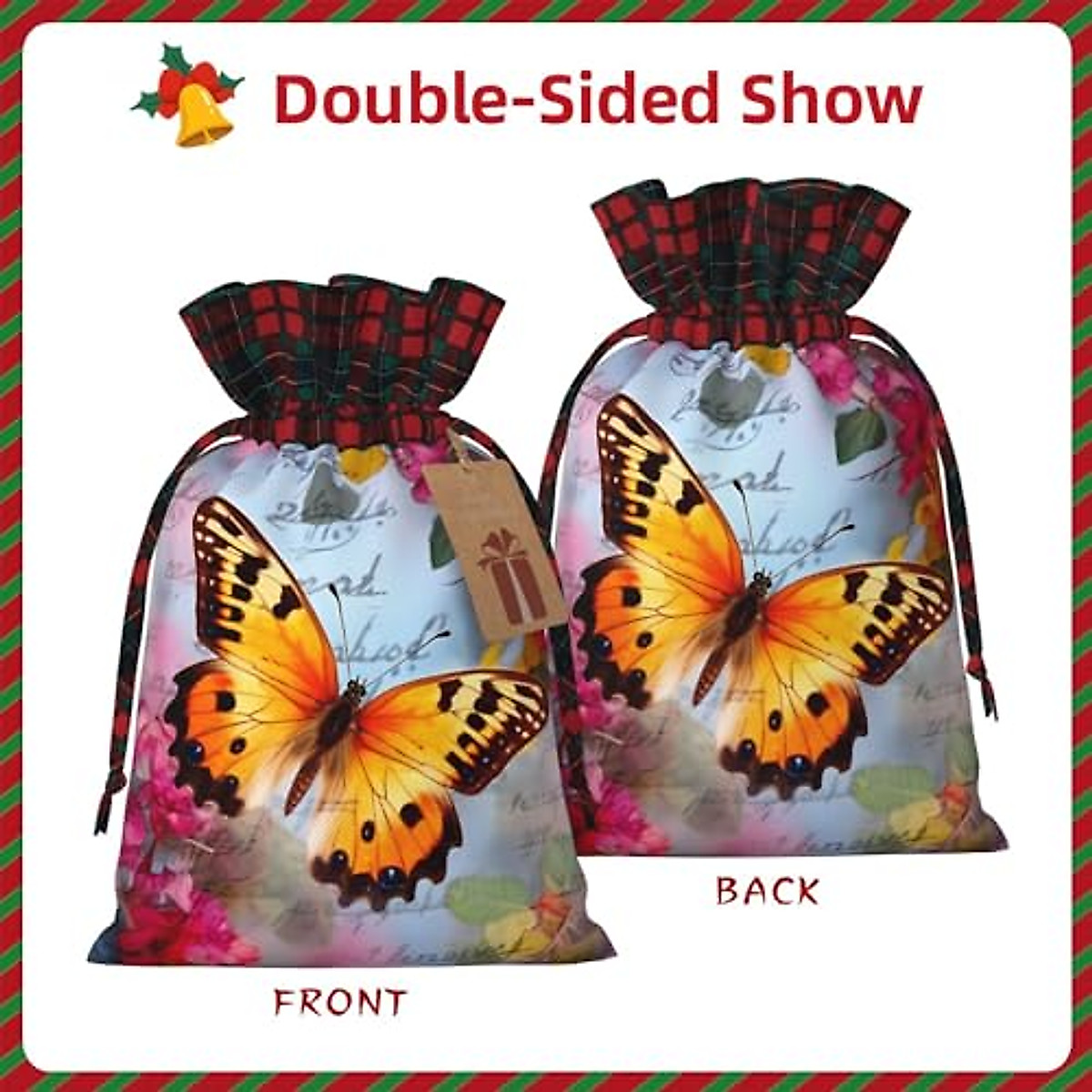 EVANEM Christmas Gift Bags with Drawstring Burlap Gift Bags Butterfly Christmas Linen Bags for Xmas Party Candy Bags with Cards Xmas Reusable Wrapping Bags Christmas Linen Treat Bags for Holiday