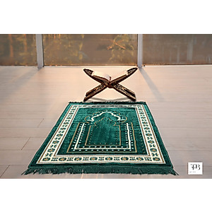 TB Islamic Prayer Rug Thick Soft Velvet Muslim Mat Unique Arabic Turkish African Embroidered Design Prayer Bead Daily Salah Prayer Meditation Ramadan Eid Gift for Women Men Kids (Green)