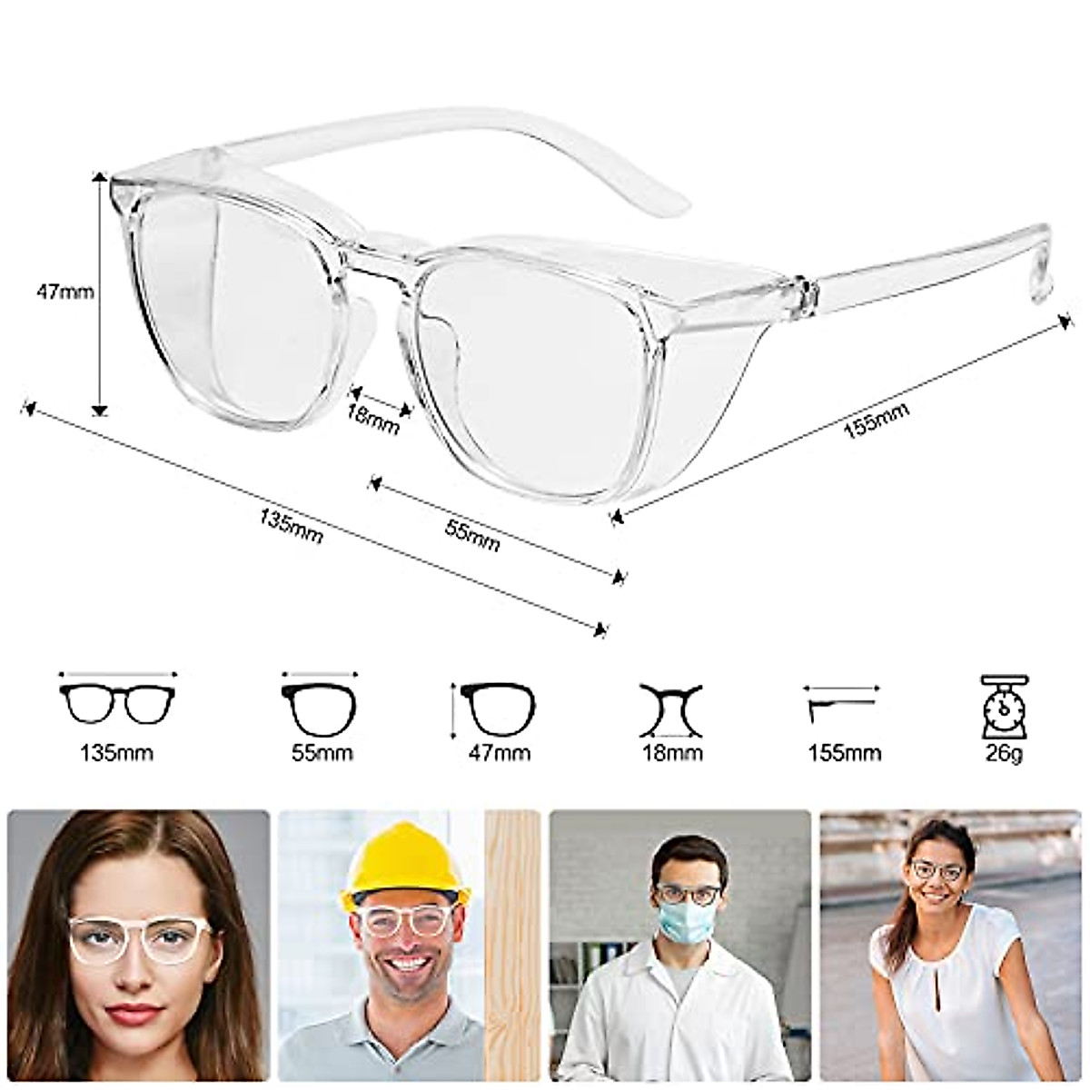 Safety Glasses Anti Fog Clear Safety Goggles Protective Eyewear Blue Light Blocking Scratch Resistant Anti Dust UV Protection Glasses with Side Shields For Men And Women(White)