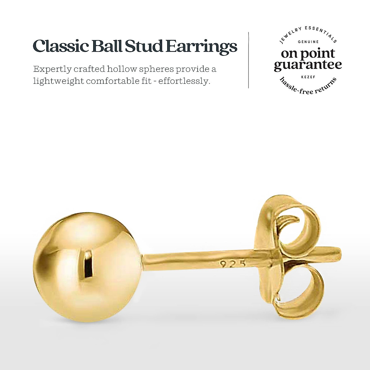 KEZEF 14k Yellow Gold Sterling Silver Ball Stud Earrings for Women - Hypoallergenic Lightweight Small Stud Earrings for Women | 2mm Ball Earrings
