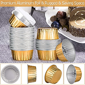 Disposable Ramekins with Lids, 25 Pack/ 5 oz Gold Aluminum Foil Dessert Baking Cups, Reusable Cupcake Liners Pudding Cups for Wedding, Christmas, Kitchen, Party, Various Holiday Parties