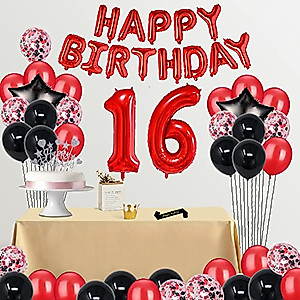 Fancypartyshop 16TH Birthday Party Decorations Supplies Red Black Later Balloons Happy Birthday Cake Topper Sash Foil Black Curtains Foil Star Balloons Number Red 16