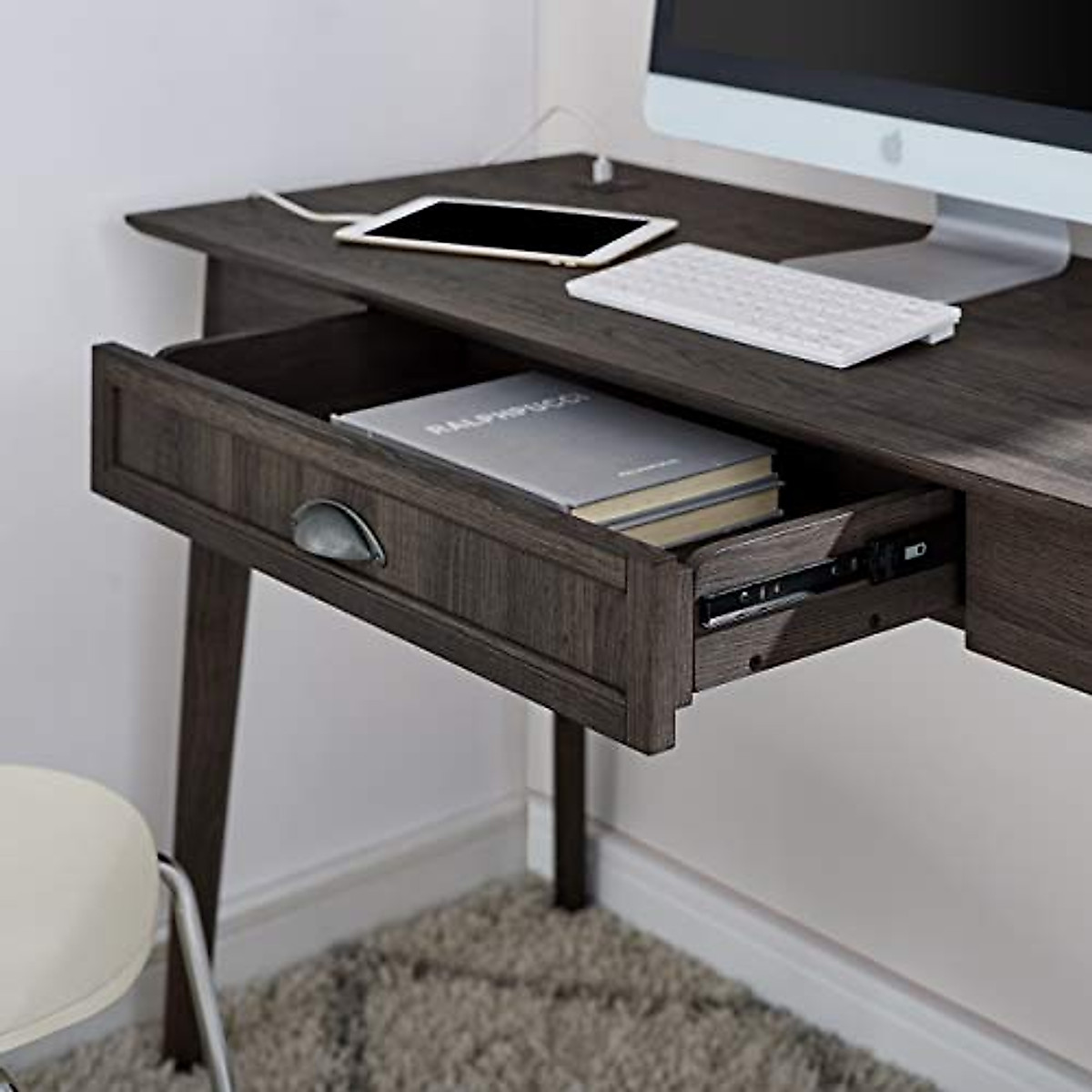 Newport Series Home Office Computer Writing Desk with Fully Extended Drawer | Laptop PC Workstation with USB Hub | Sturdy and Stylish | Easy Assembly| Smoke Oak Wood Look Accent Living Room Furniture