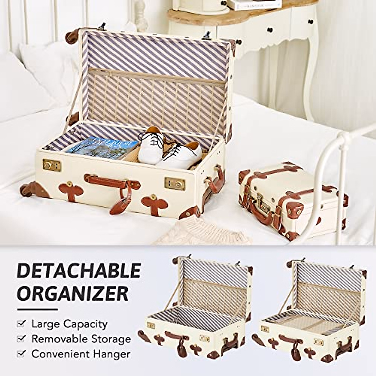 CO-Z Vintage Luggage Sets, 2 Piece Retro Suitcase with Spinner Wheels TSA Lock and Carry On Briefcase, Large 24" Trunk Small 12" Train Case Leather Travel Luggage Set for Women Men, Beige