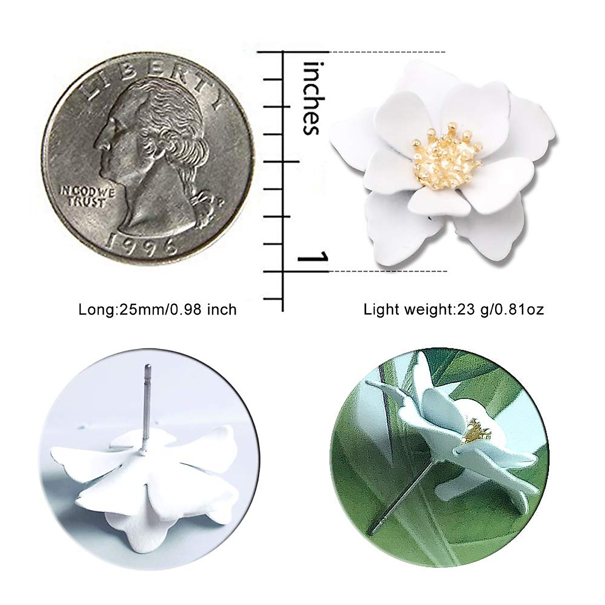 Chic Cute Boho Matte Flower Statement Stud Earrings with Gold Flower Bud for Women Sister Mom Lover and Friends (White)