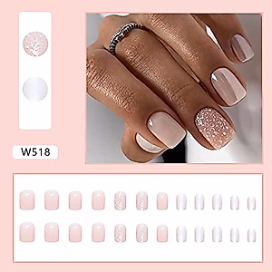 24 Pcs Short Press on Nails Cute Square Fake Nails, Full Cover False Nails with Glitter Design Glossy Stick on Nails Nude Pink Acrylic Nails Short Square Glue on Nails for Women and Girls DIY Manicure