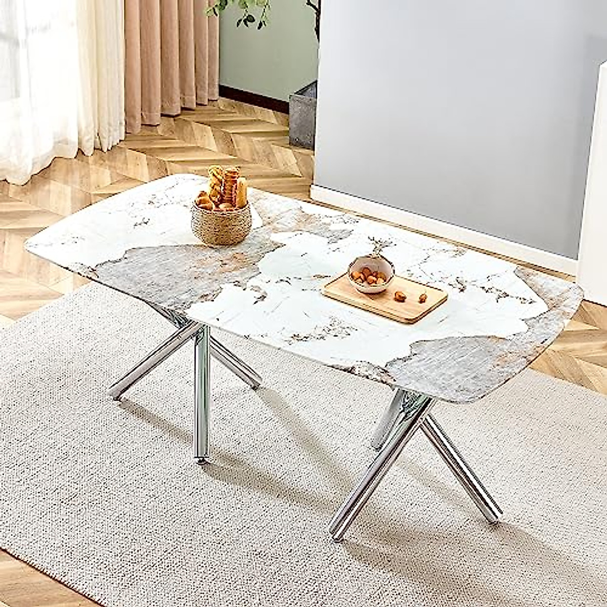 Modern Dining Table for 4 to 6 People with Imitation Marble White Desktop and Dual X-Shaped Silver Metal Legs, Modern Rectangular Kitchen Table for Kitchen Dining Room, 71" W x 39" D x 30" H