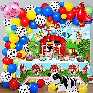 Golray 91Pcs Farm Animals Party Decorations Supplies, Farm Barn Animal Backdrop Farmhouse Decor Tablecloth Cow Print Horse Balloon Arch Garland Kit 1st Baby Shower Birthday Party Supply for Kids Girls