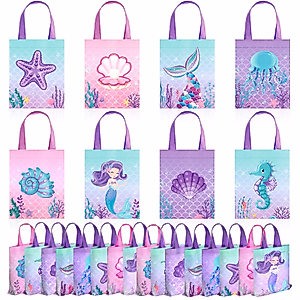Photect 32 Pcs Mermaid Party Favor Bags Under the Sea Party Goodie Bags Marine Sea Animals Treat Bags Reusable Mermaid Theme Non Woven Tote Bags for Girls Birthday Ocean Party Baby Shower Supplies