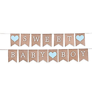 Sweet Baby Boy Burlap Banner - Sweet Baby Boy Shower Decorations, Rustic Baby Shower Decorations, Photo Decoration Props (Sweet Baby Boy Blue)