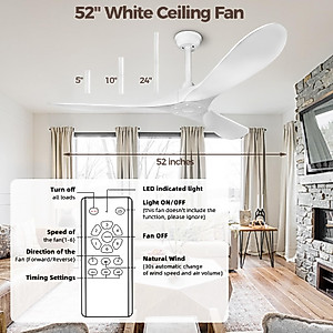 KASASS Ceiling Fan with Remote Control No Light, 52" Low Profile Ceiling Fan Outdoor/Indoor, 3 Blades 6 Speeds Reversible DC Motor Modern Ceiling Fans for Patio, Bedroom, Living Room, Porch (White)