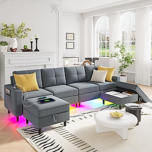 FOMNEY Sectional Couches for Living Room, LED Modular Sectional Sofa with Charging Station, 6 Seats U Shaped Couch with Storage, Ottomans, 6 Pieces Set Sectional Couch Grey Sofa Couch