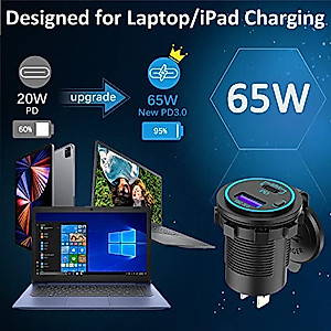 65W PD 12V USB Outlet for Laptop - Qidoe USB C Car Charger Socket Multi Port USB Outlet Quick Charge3.0 18W with Power Switch Long Body Waterproof Adapter for Car Boat Marine Truck Golf RV Motorcycle