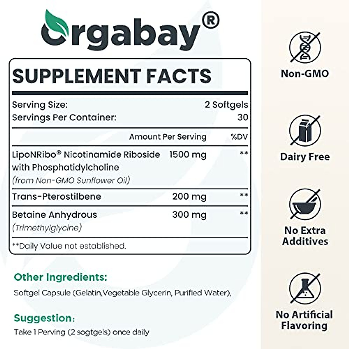 Orgabay Liposomal Nicotinamide Riboside 2000 MG with TMG and Pterostilbene, Boosting NAD+, Support Healthy Aging, 60 Count