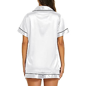 Ekouaer Womens Satin Silk Short Sleeve Button Down Top and Shorts Sleepwear Pajamas Set, White, Medium