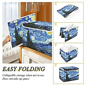 CaTaKu Large Fabric Storage Bins With Lids, Van Gogh The Starry Night Storage Boxes With Handles for Organizing Clothes, Collapsible Storage Cube Bins Baskets for Shelves