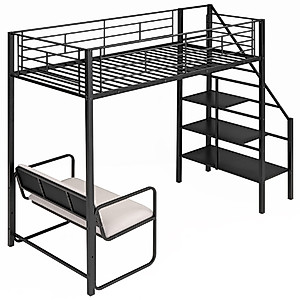 Twin Size Loft Bed with Storage Staircase and Bench, Metal Twin Loft Bed Frame for Kids Teens, Twin High Loft Bed, Metal Loft Bed with Full Length Guardrail and Slat (Twin, Black)
