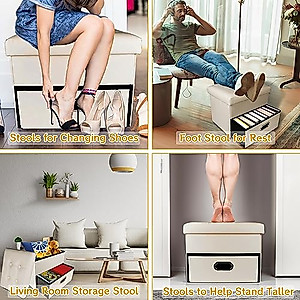 VewePata Folding Storage Ottoman with Drawers, 17 inch, Beige, Leather