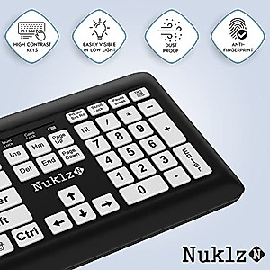 Nuklz N Magnus 325 | Wireless Large Print Full Size Computer Keyboard | High Contrast Black & White Keys | Soft Buttons | Ideal for Visually Impaired, Beginners and Seniors | Plug & Play